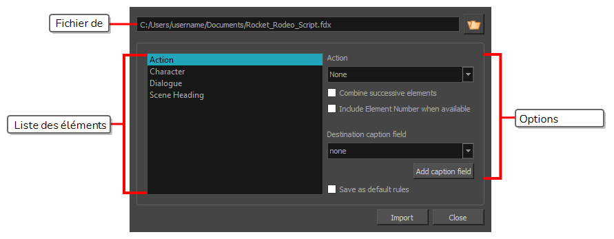 Storyboard Pro 22 Online Help: Import from Final Draft Dialog Box
