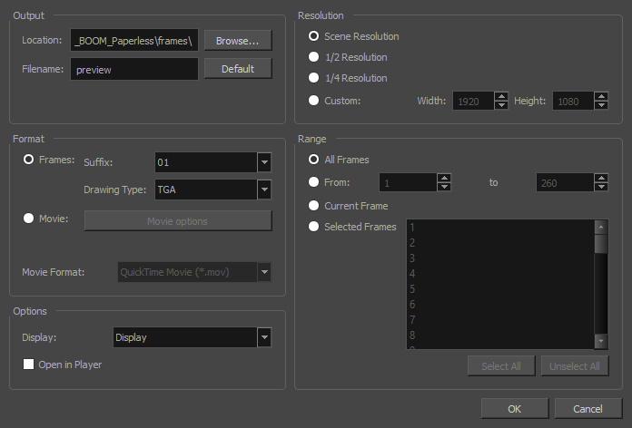 Harmony 20 Premium Documentation: Exporting OpenGL Frames