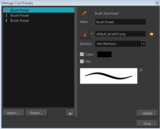 Harmony 21 Advanced Documentation: Manage Tool Presets Dialog Box