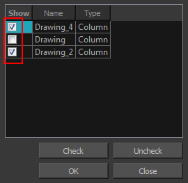 Harmony 21 Advanced Documentation: Show Hidden Columns Dialog Box