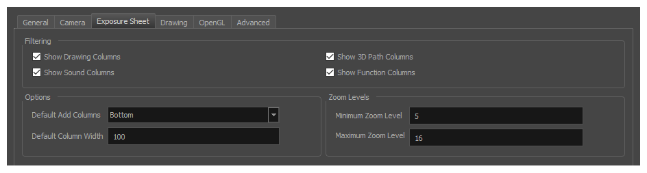 Harmony 21 Essentials Documentation: Exposure Sheet Preferences