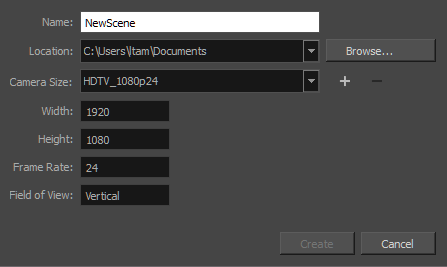 Harmony 21 Essentials Documentation: New Scene Dialog Box