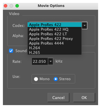 Harmony 21 Essentials Documentation: Movie Options Dialog Box (macOS)