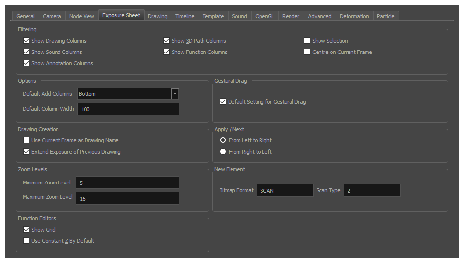Harmony 21 Premium Documentation: Exposure Sheet Preferences