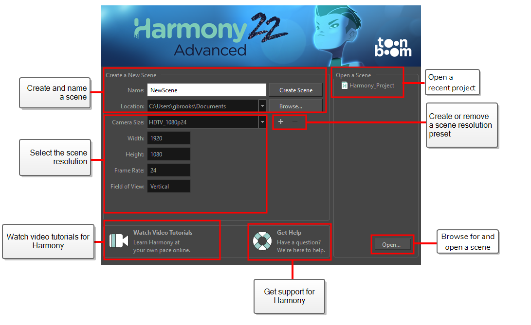 Harmony 22 Advanced Documentation: About the Welcome Screen
