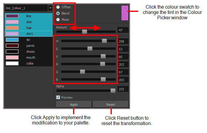 Harmony 22 Paint Documentation: Tint Offset/Blend Dialog Box