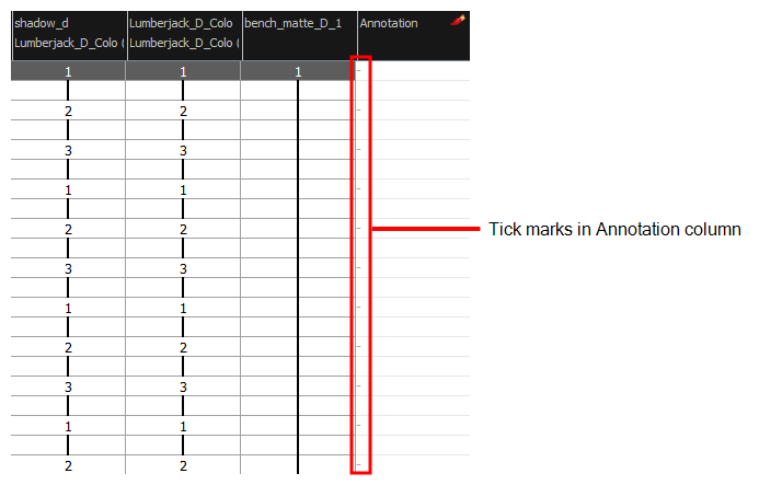 Harmony 22 Premium Documentation: Showing and Hiding Annotation Column Tick Marks