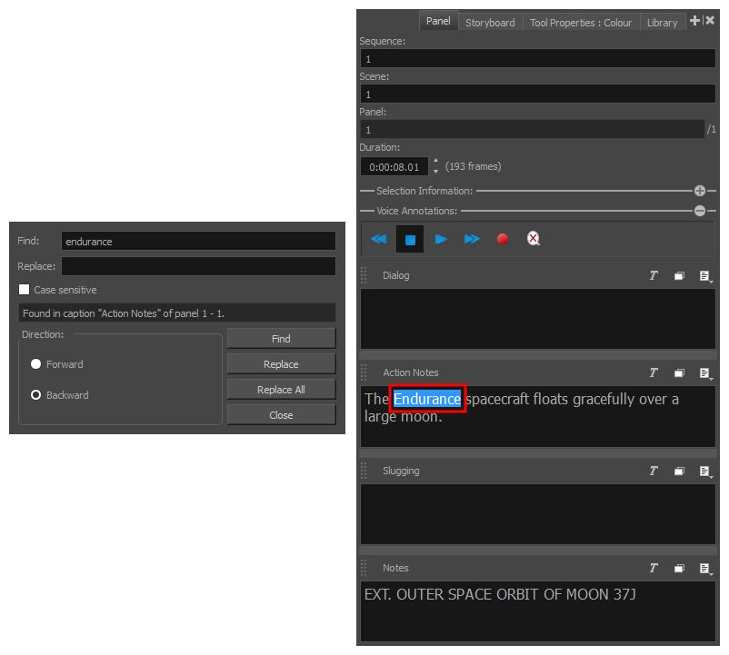 Storyboard Pro 22 Online Help: Searching and Replacing Text in Captions