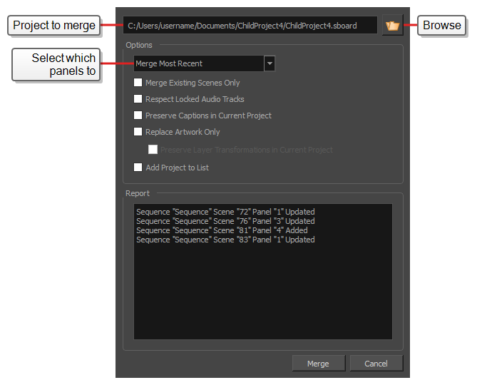 Storyboard Pro 22 Online Help: Merge Modified Panels Dialog Box