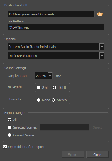 Storyboard Pro 25 Online Help: Exporting Sound Files