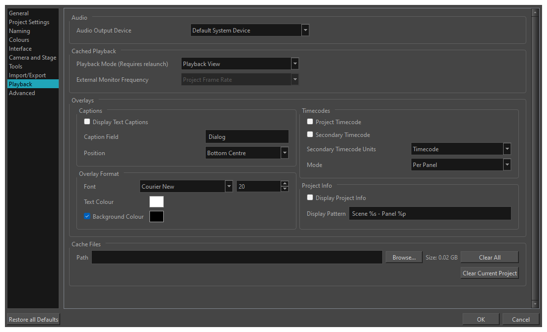 Storyboard Pro 25 Online Help: Playback Preferences
