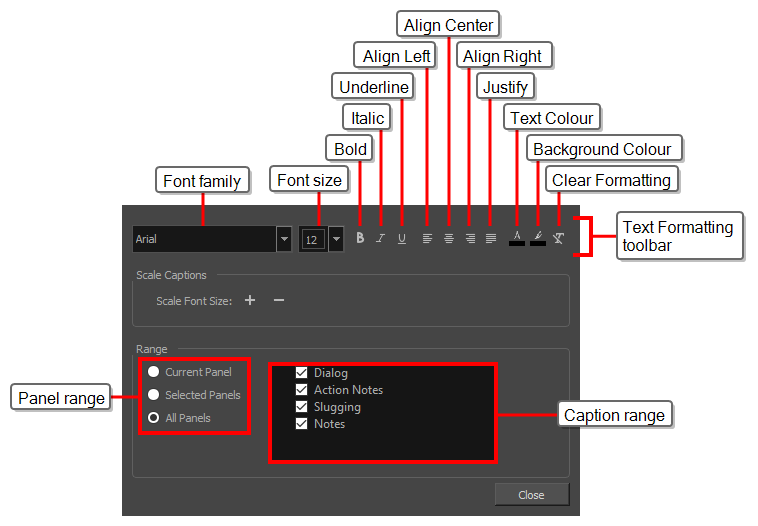 Storyboard Pro 25 Online Help: Format Captions Dialog Box