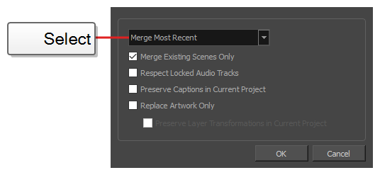 Storyboard Pro 25 Online Help: Merge Settings Dialog Box