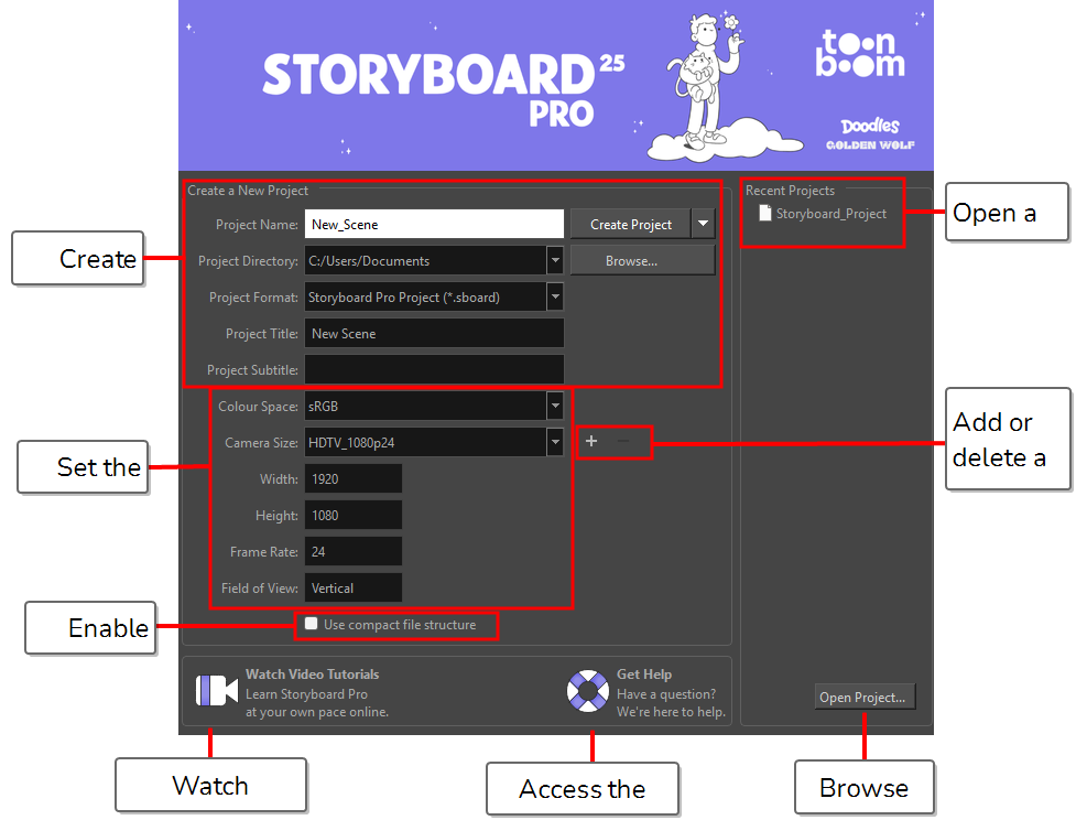 Storyboard Pro 25 Online Help: How to Create a Project